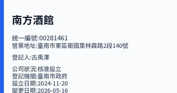 南方酒館的照片-統編 00281461(臺南市) 公司登記資料與營業項目詳細圖表