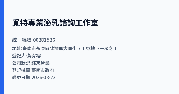 覓特專業泌乳諮詢工作室的照片-統編 00281526(臺南市) 公司登記資料與營業項目詳細圖表