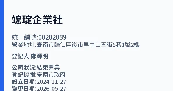 竤琔企業社的照片-統編 00282089(臺南市) 公司登記資料與營業項目詳細圖表