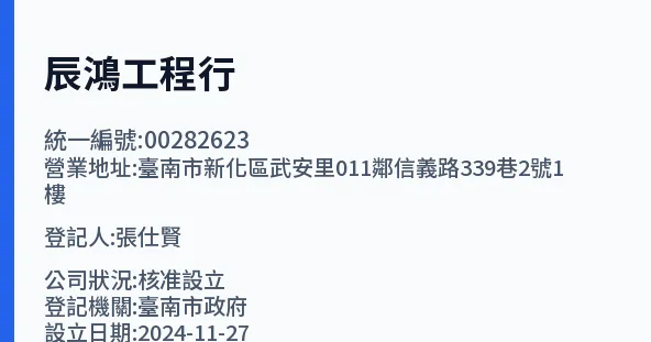 辰鴻工程行的照片-統編 00282623(臺南市) 公司登記資料與營業項目詳細圖表