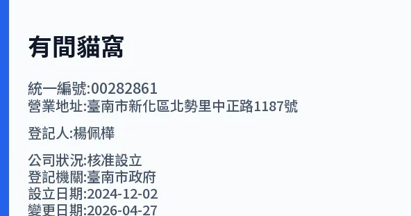 有間貓窩的照片-統編 00282861(臺南市) 公司登記資料與營業項目詳細圖表