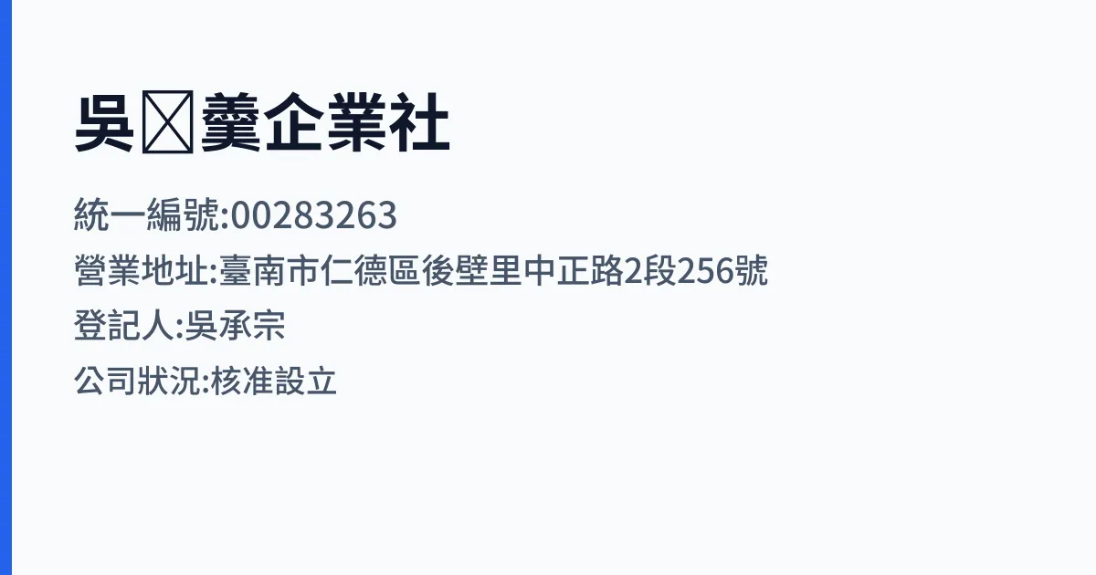 吳焿羹企業社 - 統編 00283263（臺南市） 公司登記資料與營業項目詳細圖表