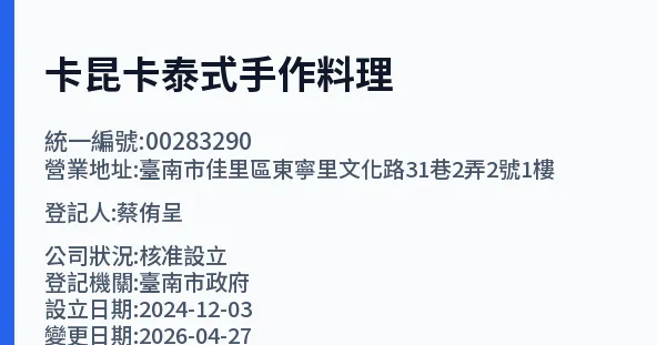 卡昆卡泰式手作料理的照片-統編 00283290(臺南市) 公司登記資料與營業項目詳細圖表
