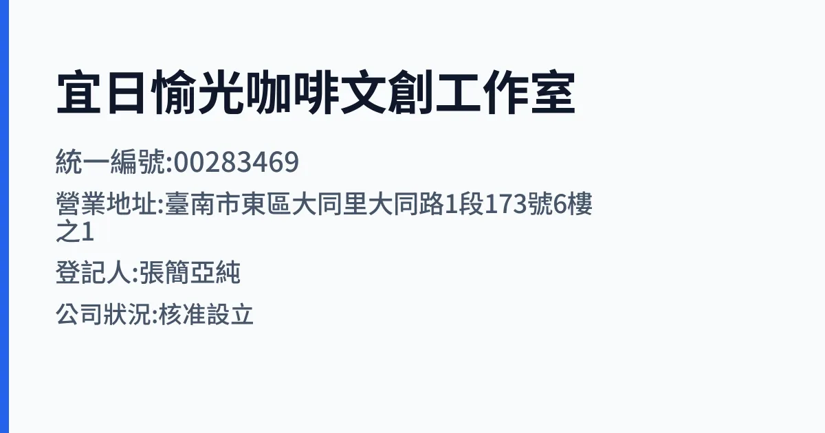 宜日愉光咖啡文創工作室 - 統編 00283469(臺南市) 公司登記資料與營業項目詳細圖表