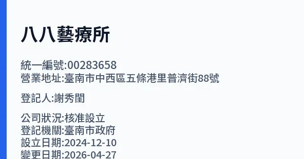 八八藝療所的照片-統編 00283658(臺南市) 公司登記資料與營業項目詳細圖表