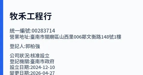 牧禾工程行的照片-統編 00283714(臺南市) 公司登記資料與營業項目詳細圖表