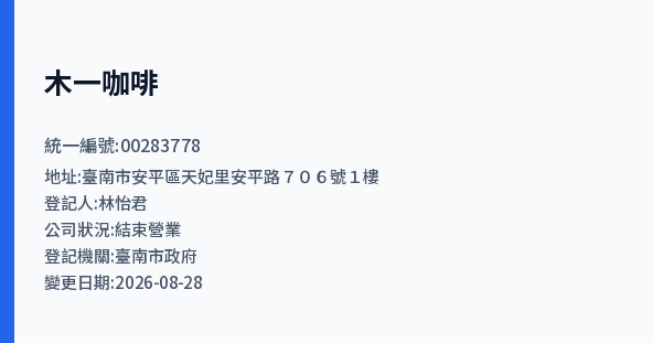 木一咖啡的照片-統編 00283778(臺南市) 公司登記資料與營業項目詳細圖表