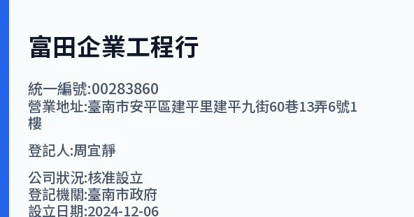 富田企業工程行的照片-統編 00283860(臺南市) 公司登記資料與營業項目詳細圖表