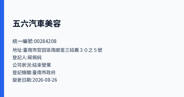 五六汽車美容的照片-統編 00284208(臺南市) 公司登記資料與營業項目詳細圖表