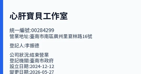 心肝寶貝工作室的照片-統編 00284299(臺南市) 公司登記資料與營業項目詳細圖表