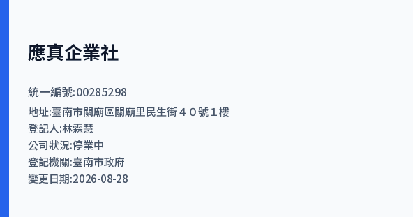 應真企業社的照片-統編 00285298(臺南市) 公司登記資料與營業項目詳細圖表
