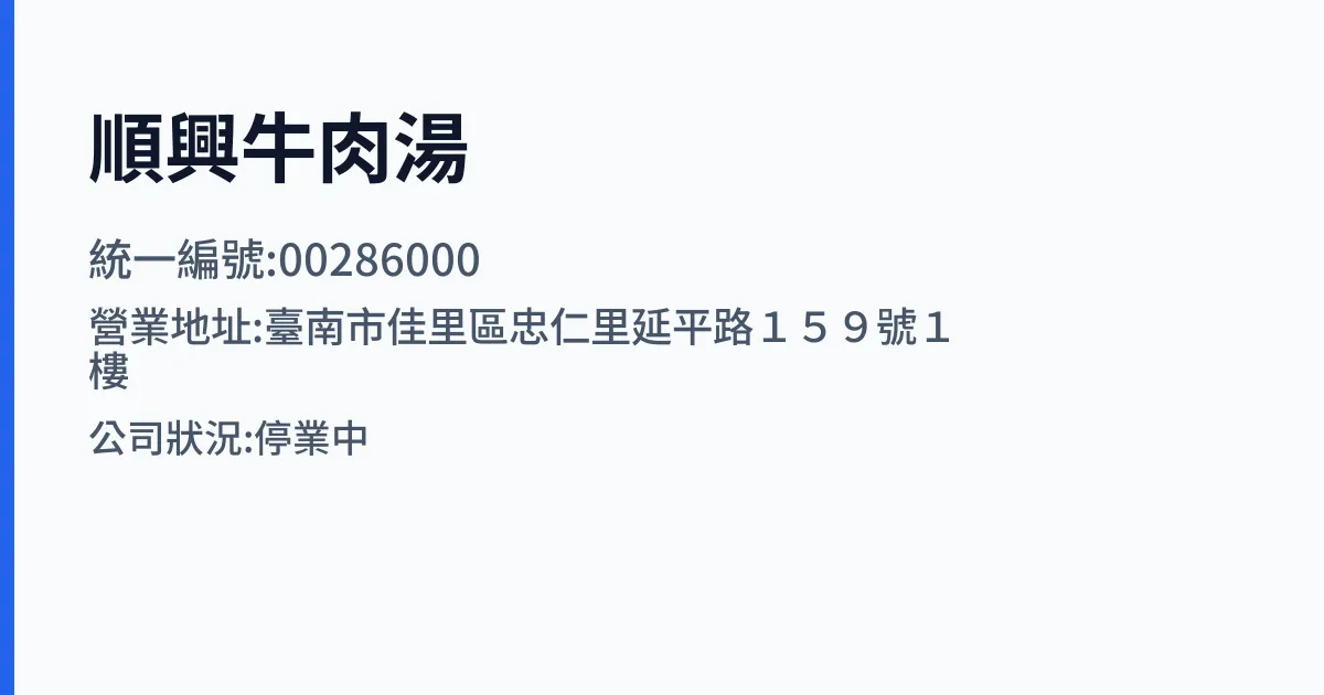 順興牛肉湯 - 統編 00286000(臺南市) 公司登記資料與營業項目詳細圖表