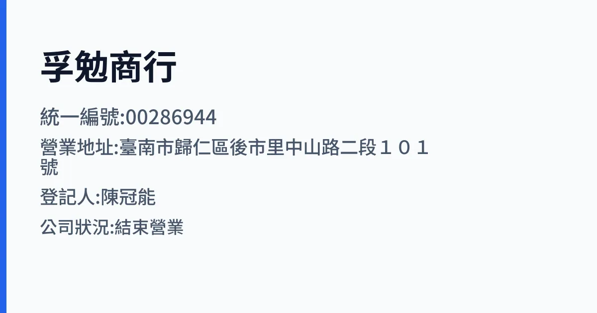 孚勉商行 - 統編 00286944(臺南市) 公司登記資料與營業項目詳細圖表