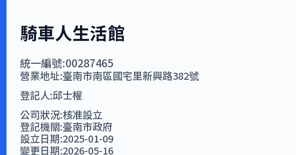 騎車人生活館的照片-統編 00287465(臺南市) 公司登記資料與營業項目詳細圖表