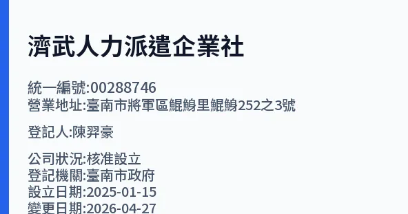 濟武人力派遣企業社的照片-統編 00288746(臺南市) 公司登記資料與營業項目詳細圖表