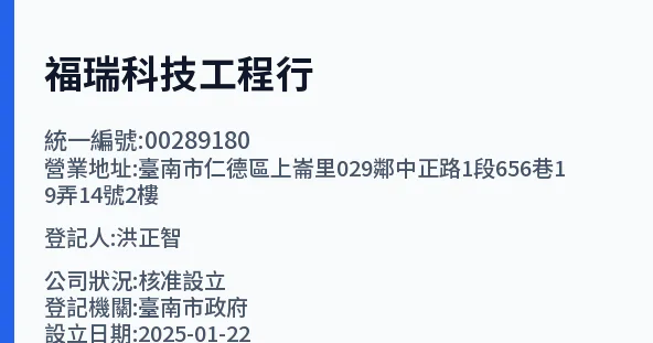福瑞科技工程行的照片-統編 00289180(臺南市) 公司登記資料與營業項目詳細圖表