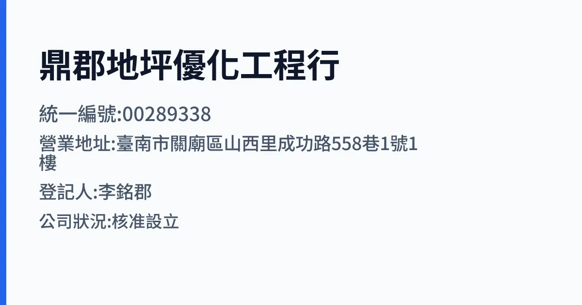 鼎郡地坪優化工程行 - 統編 00289338(臺南市) 公司登記資料與營業項目詳細圖表