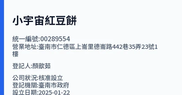 小宇宙紅豆餅的照片-統編 00289554(臺南市) 公司登記資料與營業項目詳細圖表