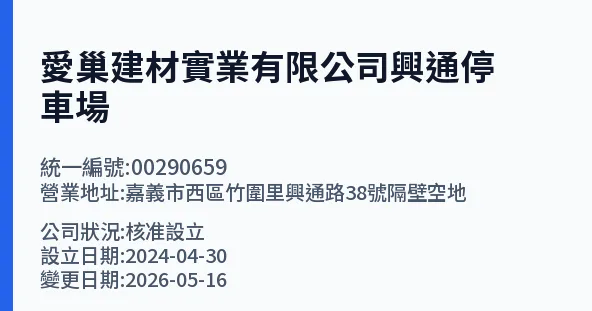 愛巢建材實業有限公司興通停車場的照片-統編 00290659(嘉義市) 公司登記資料與營業項目詳細圖表