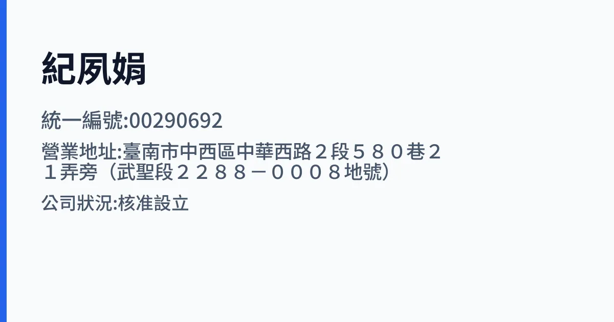 紀夙娟 - 統編 00290692(臺南市) 公司登記資料與營業項目詳細圖表