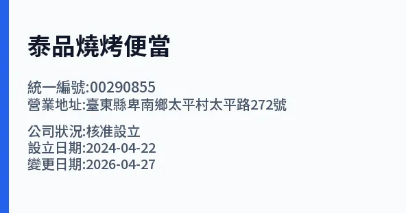 泰品燒烤便當的照片-統編 00290855(臺東縣) 公司登記資料與營業項目詳細圖表