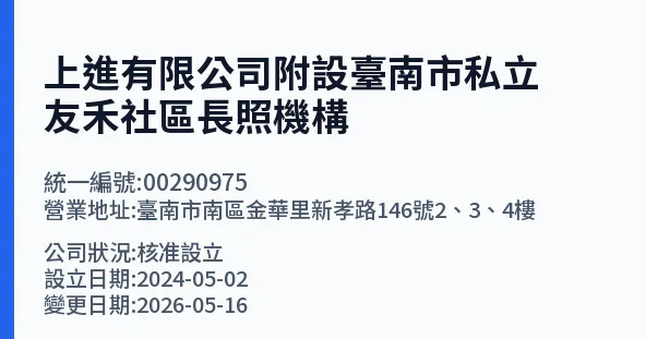 上進有限公司附設臺南市私立友禾社區長照機構的照片-統編 00290975(臺南市) 公司登記資料與營業項目詳細圖表