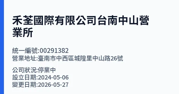 禾荃國際有限公司台南中山營業所的照片-統編 00291382(臺南市) 公司登記資料與營業項目詳細圖表