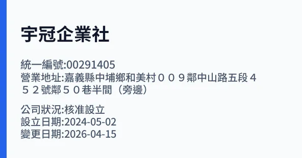 宇冠企業社的照片-統編 00291405(嘉義縣) 公司登記資料與營業項目詳細圖表