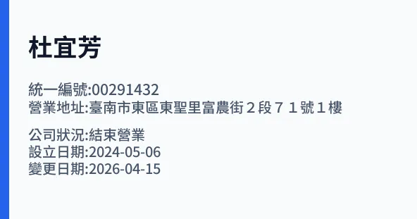 杜宜芳的照片-統編 00291432(臺南市) 公司登記資料與營業項目詳細圖表