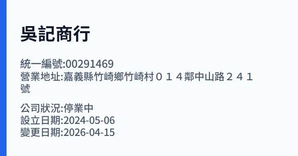 吳記商行的照片-統編 00291469(嘉義縣) 公司登記資料與營業項目詳細圖表