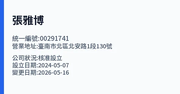 張雅博的照片-統編 00291741(臺南市) 公司登記資料與營業項目詳細圖表