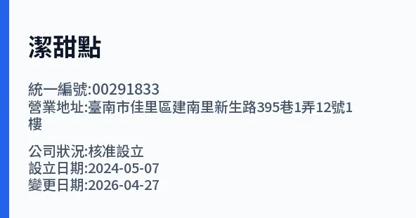 潔甜點的照片-統編 00291833(臺南市) 公司登記資料與營業項目詳細圖表