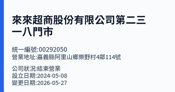 來來超商股份有限公司第二三一八門市的照片-統編 00292050(嘉義縣) 公司登記資料與營業項目詳細圖表
