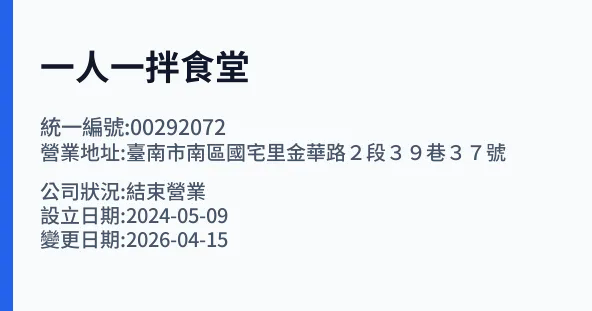 一人一拌食堂的照片-統編 00292072(臺南市) 公司登記資料與營業項目詳細圖表