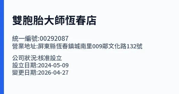 雙胞胎大師恆春店的照片-統編 00292087(屏東縣) 公司登記資料與營業項目詳細圖表
