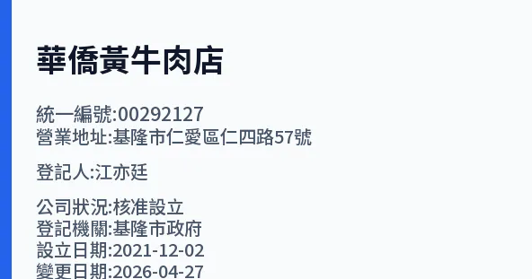 華僑黃牛肉店的照片-統編 00292127(基隆市) 公司登記資料與營業項目詳細圖表