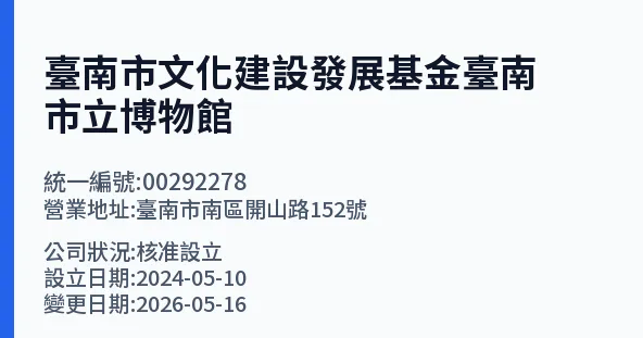 臺南市文化建設發展基金臺南市立博物館的照片-統編 00292278(臺南市) 公司登記資料與營業項目詳細圖表