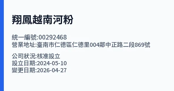 翔鳳越南河粉的照片-統編 00292468(臺南市) 公司登記資料與營業項目詳細圖表