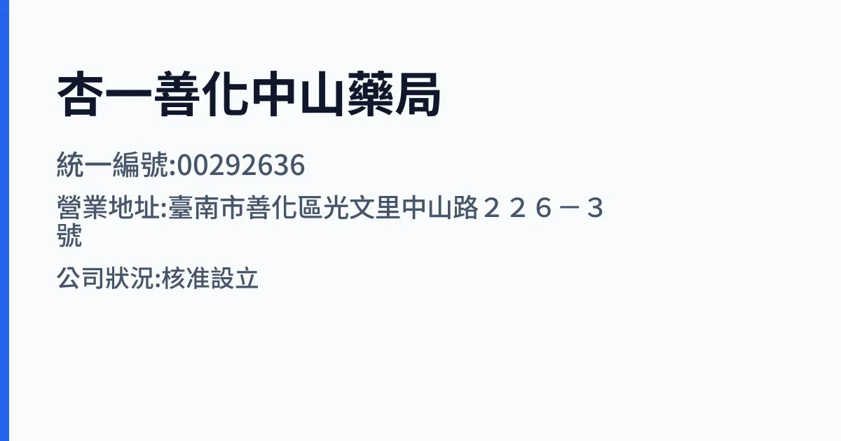 杏一善化中山藥局 - 統編 00292636(臺南市) 公司登記資料與營業項目詳細圖表