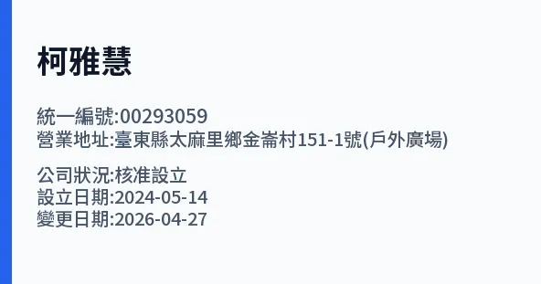 柯雅慧的照片-統編 00293059(臺東縣) 公司登記資料與營業項目詳細圖表