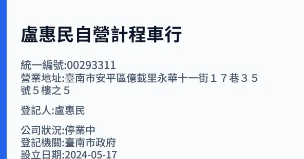 盧惠民自營計程車行的照片-統編 00293311(臺南市) 公司登記資料與營業項目詳細圖表
