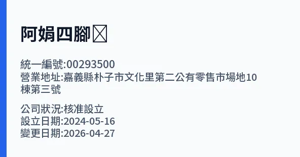 阿娟四腳焿的照片-統編 00293500(嘉義縣) 公司登記資料與營業項目詳細圖表