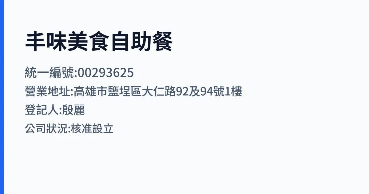 丰味美食自助餐 - 統編 00293625(高雄市) 公司登記資料與營業項目詳細圖表