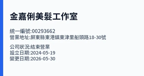 金嘉俐美髮工作室的照片-統編 00293662(屏東縣) 公司登記資料與營業項目詳細圖表
