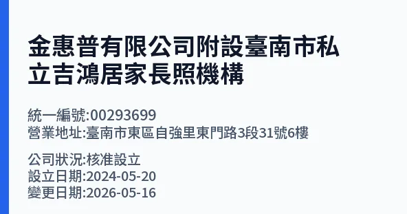 金惠普有限公司附設臺南市私立吉鴻居家長照機構的照片-統編 00293699(臺南市) 公司登記資料與營業項目詳細圖表