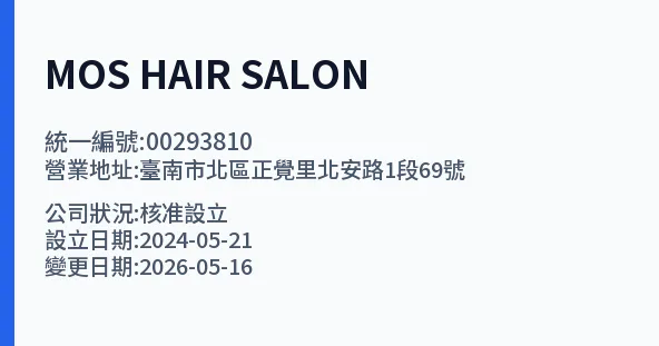 MOS HAIR SALON的照片-統編 00293810(臺南市) 公司登記資料與營業項目詳細圖表