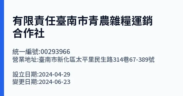 有限責任臺南市青農雜糧運銷合作社的照片-統編 00293966(臺南市) 公司登記資料與營業項目詳細圖表