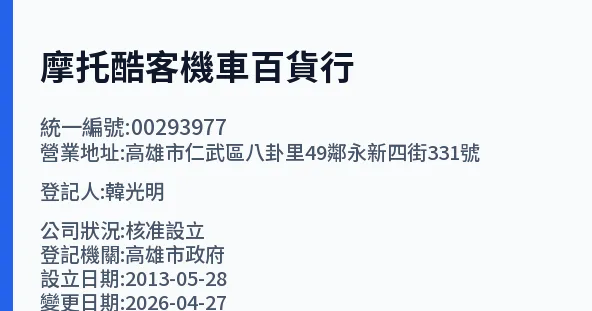 摩托酷客機車百貨行的照片-統編 00293977(高雄市) 公司登記資料與營業項目詳細圖表