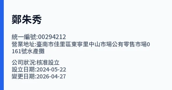 鄭朱秀的照片-統編 00294212(臺南市) 公司登記資料與營業項目詳細圖表