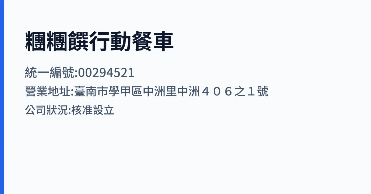 糰糰饌行動餐車 - 統編 00294521(臺南市) 公司登記資料與營業項目詳細圖表